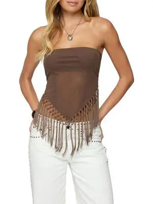 EDIKTED Fringe Hem Mesh Tube Top - Brown