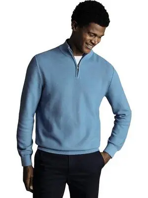 CHARLES TYRWHITT Cotton Zip Neck Sweater Ocean Blue