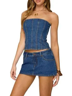 EDIKTED Strapless Denim Corset Top - Blue-washed
