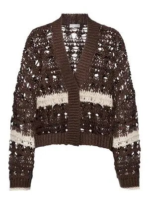Brunello Cucinelli Open-knit Jute And Cotton-blend Cardigan - Brown