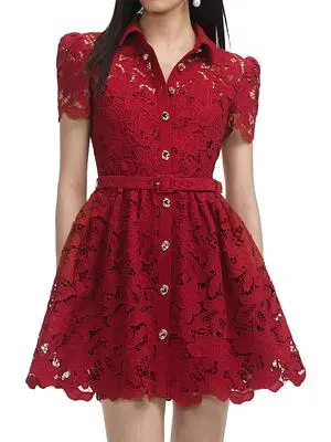 SELF-PORTRAIT Lace Collared Mini Dress - Burgundy