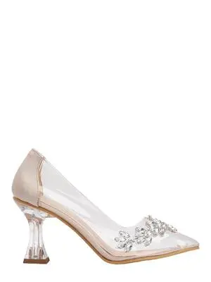 FOREVER & ALWAYS SHOES Cinderella Heels With Diamond Embellishments - Beige Faux Leather