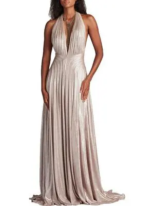 Tadashi Shoji Metallic Plunge Halter Gown - Pebble