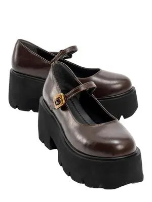 PROLOGUE SHOES Linley Platform Mary Jane Shoes Brown Faux Leather