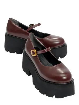 PROLOGUE SHOES Linley Platform Mary Jane Shoes Burgundy Faux Leather