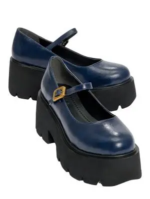 PROLOGUE SHOES Linley Platform Mary Jane Shoes Navy Faux Leather