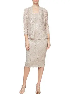 SL FASHIONS Lace Dress And Jacket Set - Champagne