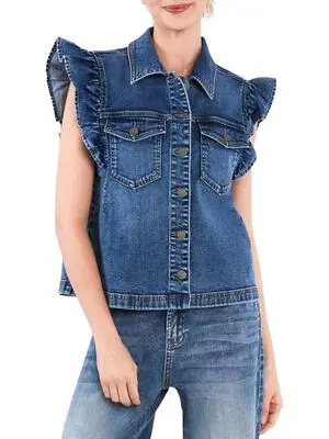 WASH LAB DENIM Ruffle Denim Vest - Shark Blue