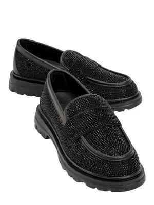 PROLOGUE SHOES Embellished Suede Loafer - Black Faux Leather