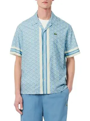 LACOSTE Relaxed Fit Monogram Print Cotton Blend Camp Shirt