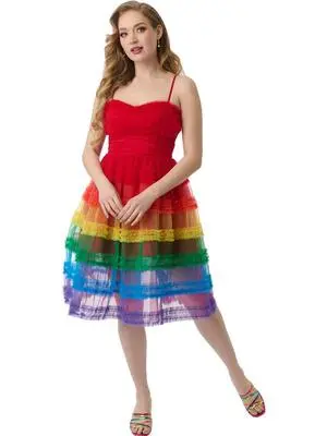 Unique Vintage Tiered Sheer Swing Midi Dress - Rainbow