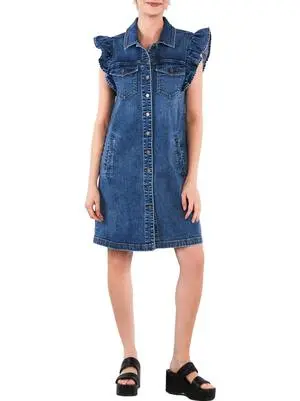 WASH LAB DENIM Ruffle Cap Sleeve Denim Dress - Shark Blue