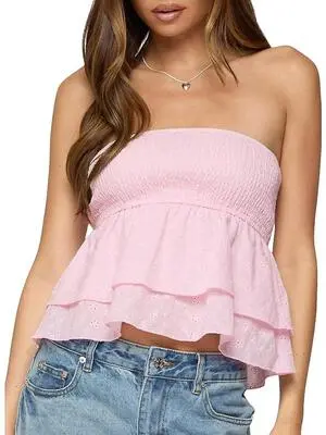 EDIKTED Toria Ruffled Eyelet Strapless Top - Light Pink