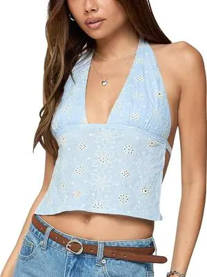 EDIKTED Floral Eyelet Backless Halter Top - Blue