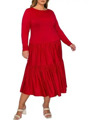 L I V D Eliana Long Sleeve Tiered Midi Dress - Ruby