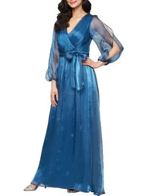 Alex Evenings Metallic Long Sleeve Chiffon Gown - Deep Blue