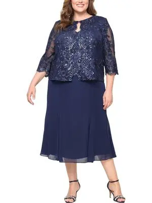 Alex Evenings Embroidered Lace & Sequin Mock Dress - Navy