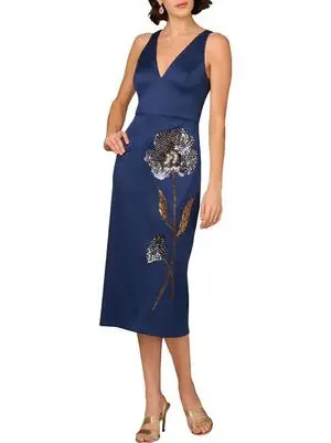 Aidan Mattox Beaded V-neck Midi Dress - Navy