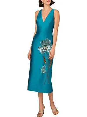 Aidan Mattox Beaded V-neck Midi Dress - Peacock
