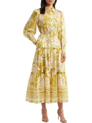 Julia Jordan Mixed Print Tiered Shirtdress - Yellow/ Green
