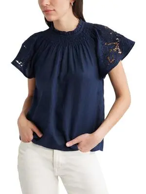 Caslon Embroidered Cutwork Linen Popover Top - Navy