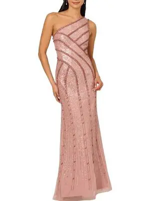 Adrianna Papell Beaded One-shoulder Gown - Candied Ginger