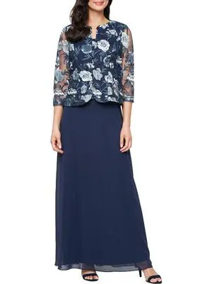 Alex Evenings Floral Embroidered Gown With Jacket - Navy Multi
