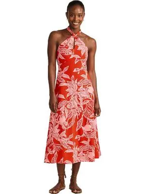 LANDS' END Cotton Modal Halter Midi Dress - Mandarin Orange Etched Leaves