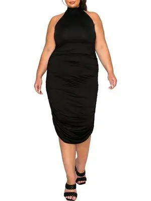 L I V D Izzy Ruched Halter Midi Dress - Black