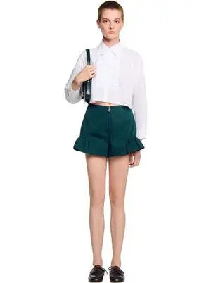 Sandro Flared Ruffled Shorts - Green
