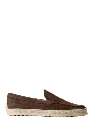 TOD'S Raffia-trimmed Suede Loafers - Brown