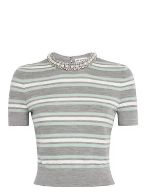 SELF-PORTRAIT Crystal-embellished Stripe T-shirt - Grey
