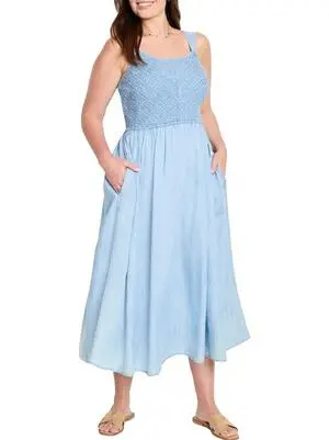 NIC+ZOE Sarah Smocked Chambray Sundress - Mid Wash