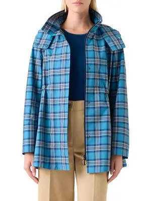 Akris Tartan Taffeta Hooded Coat - Blue/ Beige