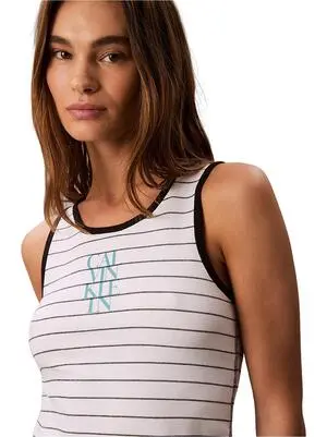 Calvin Klein Cotton Rib Stripe Logo Graphic Tank Top - Brilliant White Stripe