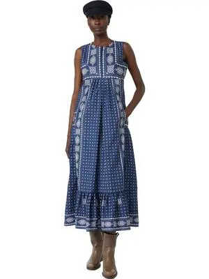 Max Mara Printed Poplin Maxi Dress Navy