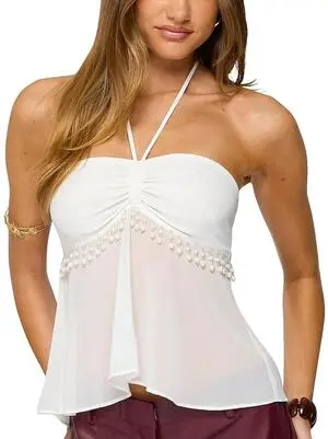 EDIKTED Sheer Chiffon Babydoll Halter Top White