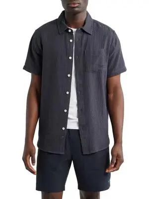 DARK SEAS Textured Short Sleeve Cotton Button-up Shirt - Black
