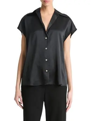 Vince Cap Sleeve Silk Button-up Shirt - Black