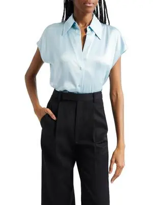 Vince Cap Sleeve Silk Button-Up Shirt Celeste