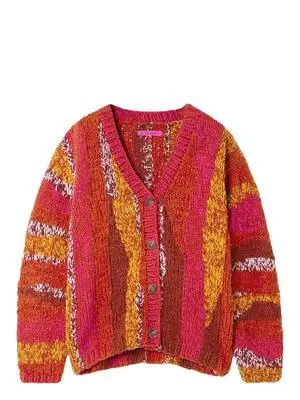 THE ELDER STATESMAN Striped Organic Cotton-bouclé Cardigan - Red