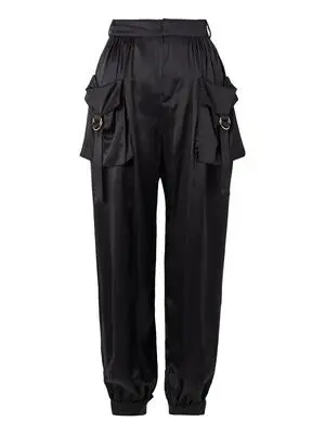 Chloé Embellished Pleated Silk-satin Tapered Trousers - Black