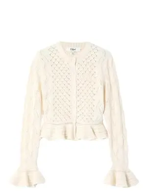 Chloé Cropped Ruffled Pointelle-knit Cardigan - Cream
