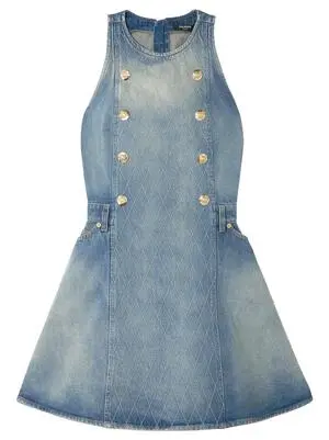 Balmain Button-embellished Embroidered Denim Mini Dress - Blue