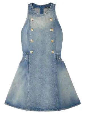 Balmain Balmain Button-Embellished Embroidered Denim Mini Dress Light Denim