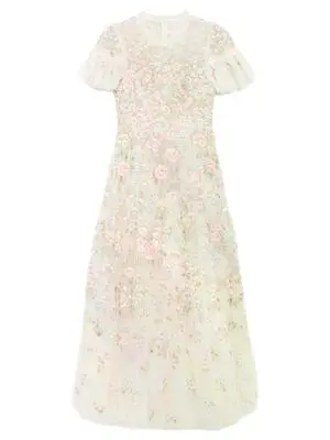 NEEDLE & THREAD Floral Embroidered Tulle Dress - Neutrals