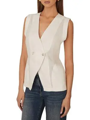 REISS Whitney Linen Double-breasted Vest - Ivory