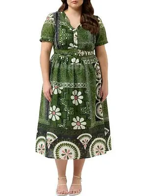 ESTELLE Printed Midi Dress - Green Tile