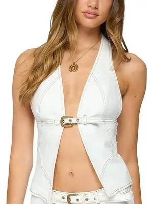 EDIKTED Ciel Split Front Denim Halter Top - White
