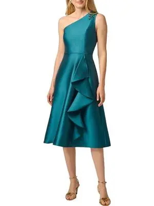 Adrianna Papell Embellished One-shoulder Mikado Dress - Hunter